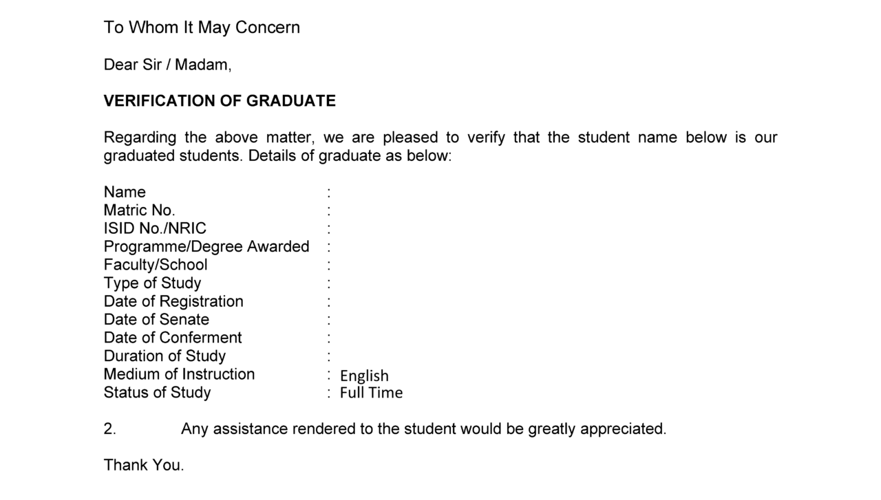 VERIFICATION OF GRADUATE LETTER APPLICATION | Academic Management ...